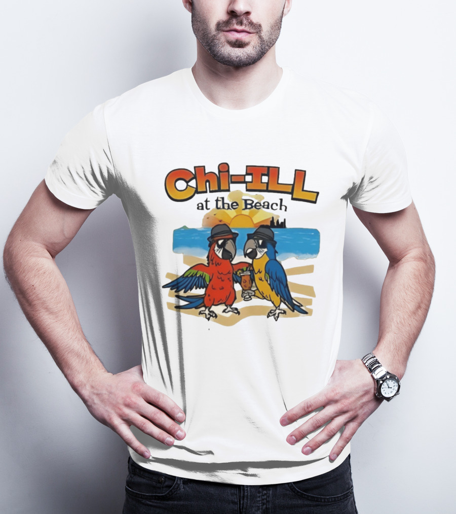 Chi ILL At The Beach Parrots With Hats And Sunset Scene T-Shirt