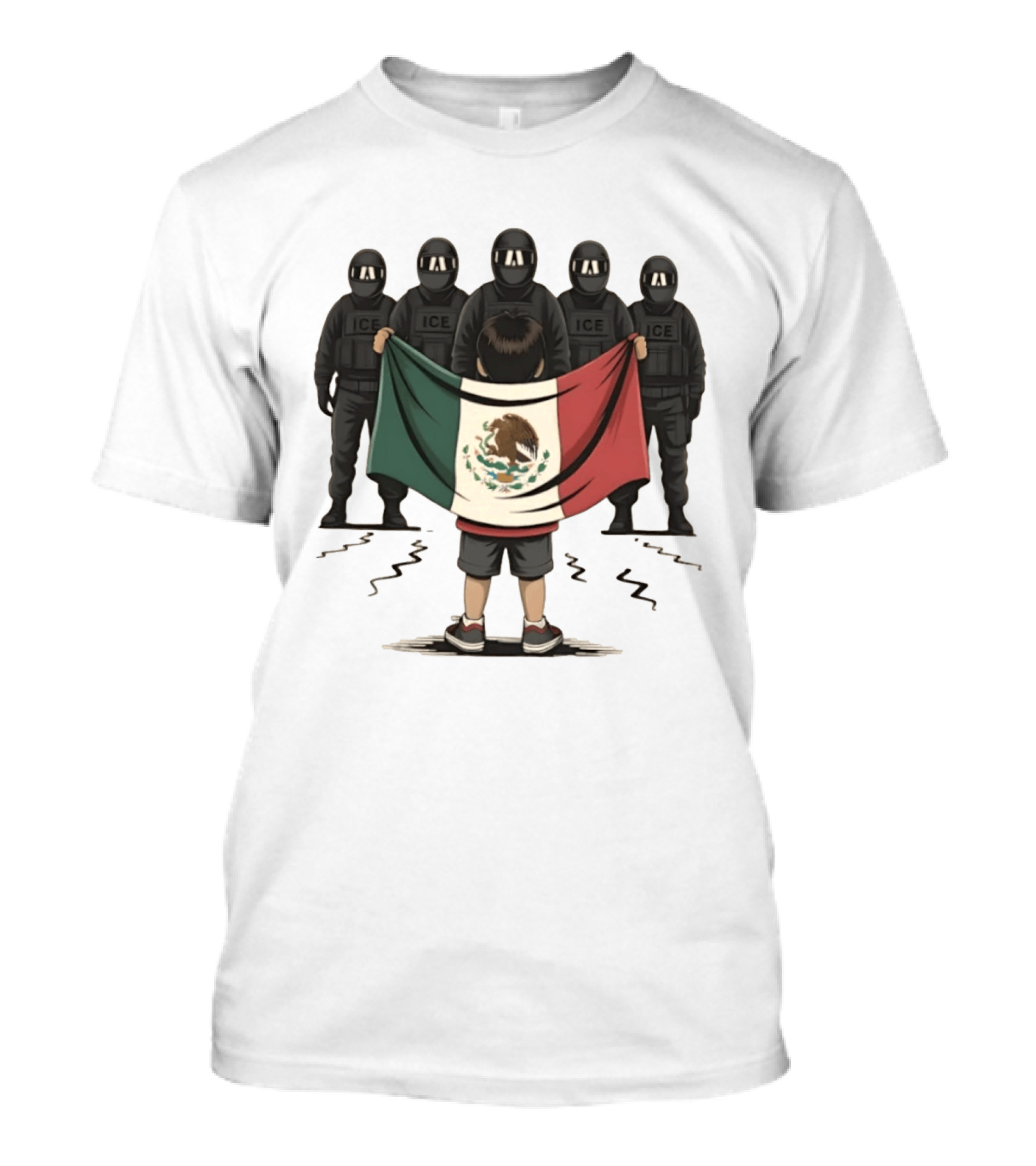 Mexican Flag Held By Kid Facing ICE Tactical Officers T-Shirt