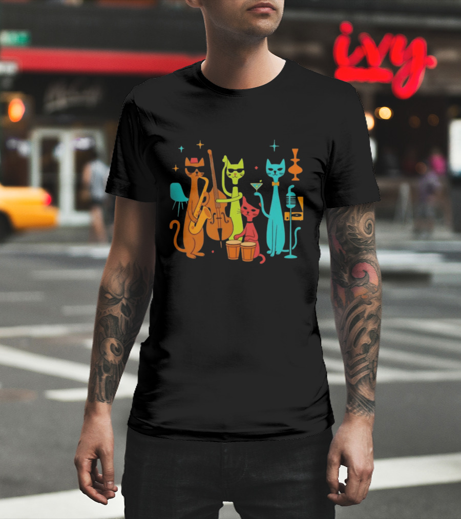 Jazz Cat Quartet Playing Instruments Bass Bongo Trumpet Martini T-Shirt
