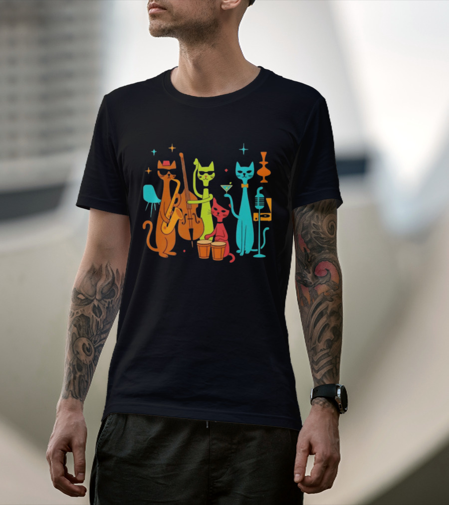 Jazz Cat Quartet Playing Instruments Bass Bongo Trumpet Martini T-Shirt