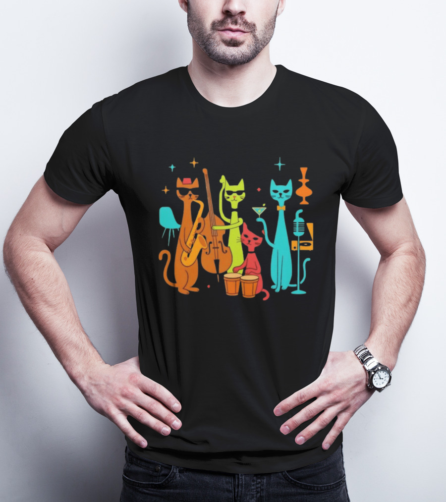 Jazz Cat Quartet Playing Instruments Bass Bongo Trumpet Martini T-Shirt