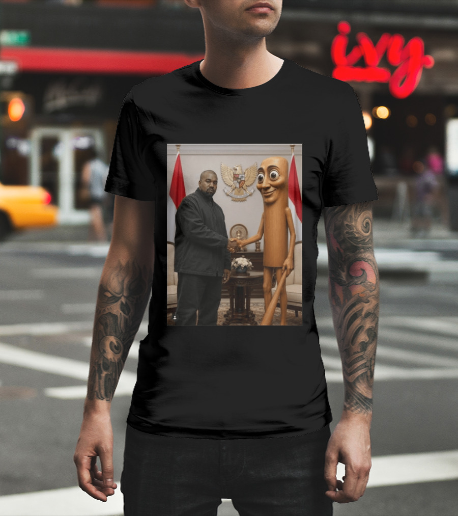 Kanye West And Indonesian Sahur Shaking Hand With Tung Tung Baton In Presidential Setting T-Shirt
