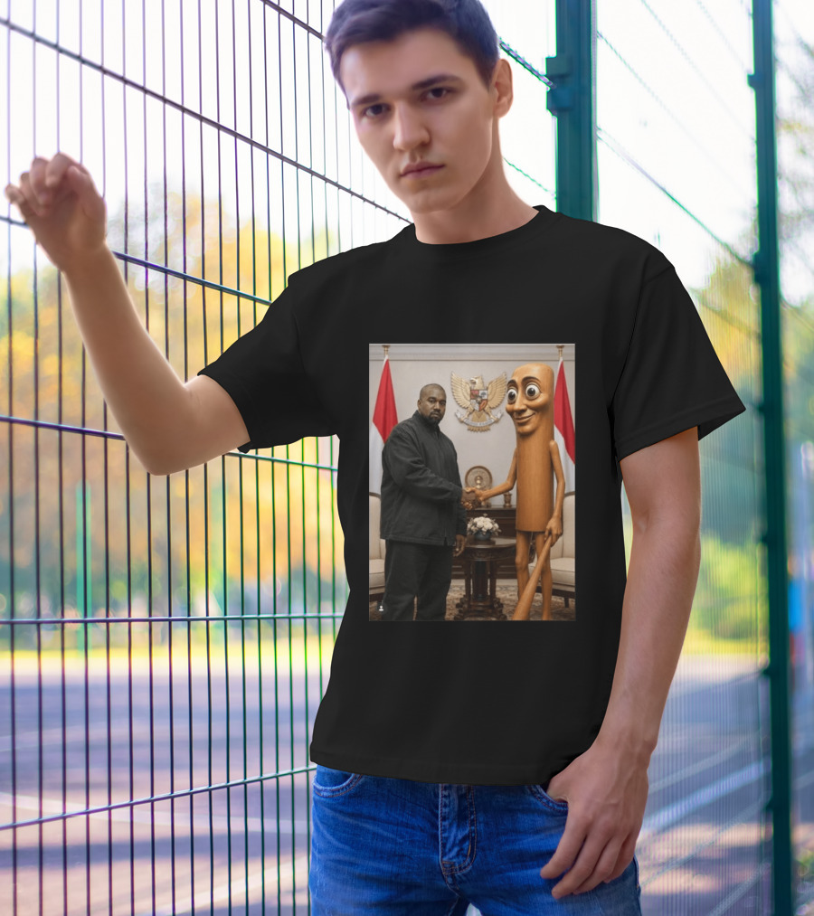 Kanye West And Indonesian Sahur Shaking Hand With Tung Tung Baton In Presidential Setting T-Shirt