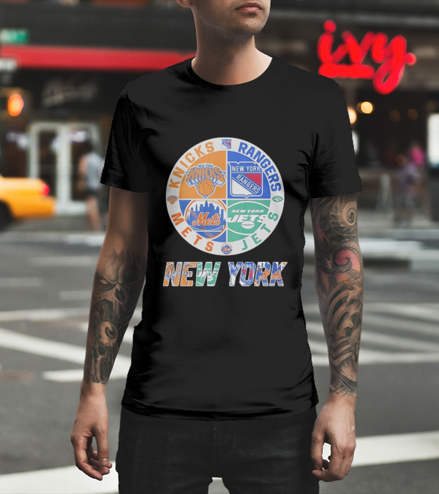 New York Knicks Rangers Mets Jets Fan Logos NY Sports Team Circle T-Shirt