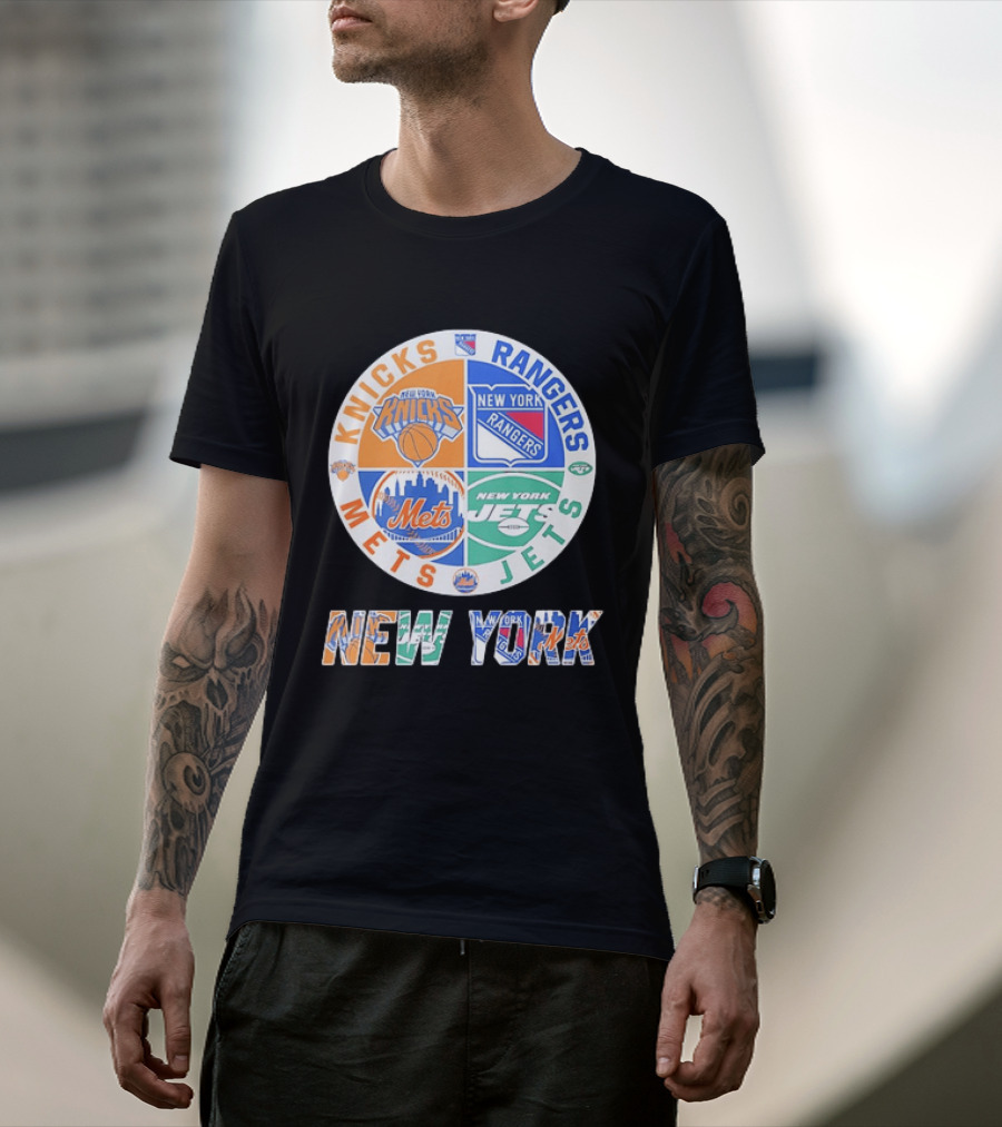 New York Knicks Rangers Mets Jets Fan Logos NY Sports Team Circle T-Shirt