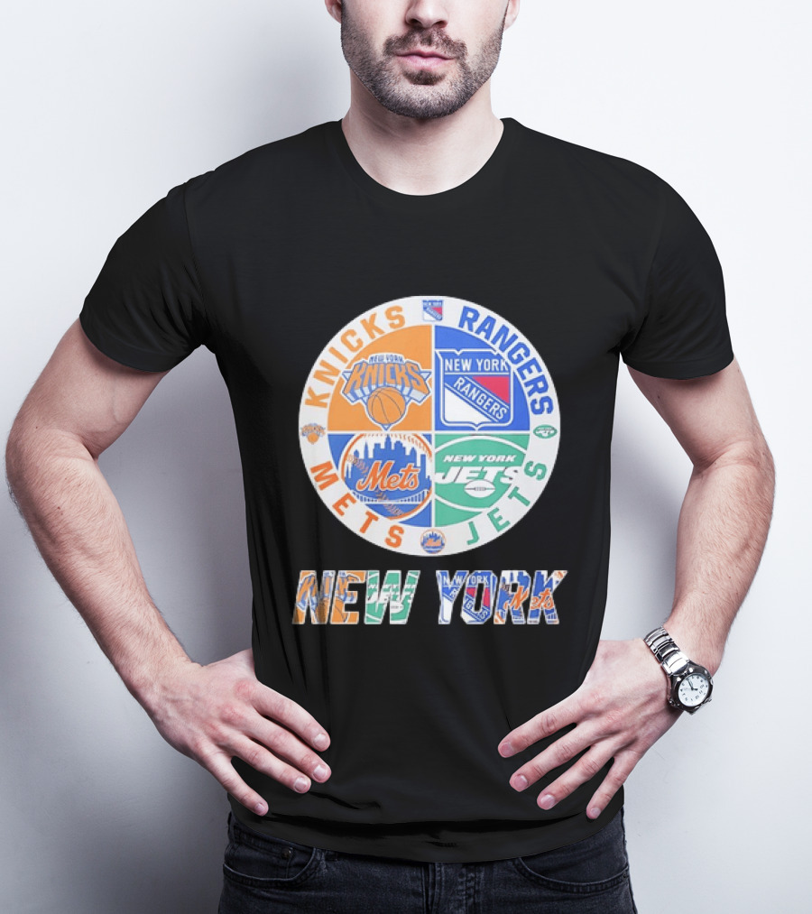 New York Knicks Rangers Mets Jets Fan Logos NY Sports Team Circle T-Shirt