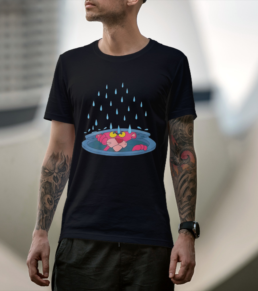 Pink Panther Peek Manhole Rainstorm Scene T-Shirt
