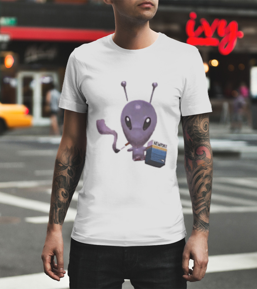 Alien Holding Newport Cigarette Pack Smoking Space Travel T-Shirt