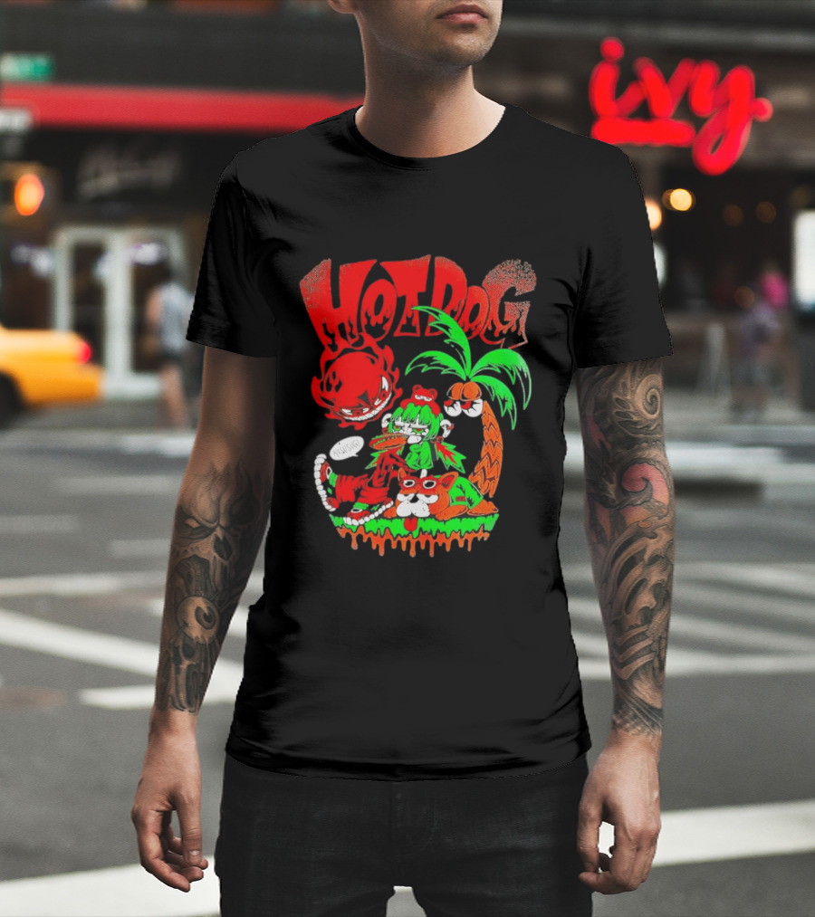 Hotdog Atsusugi Girl With Bear Hat And Dog Under Palm Tree T-Shirt
