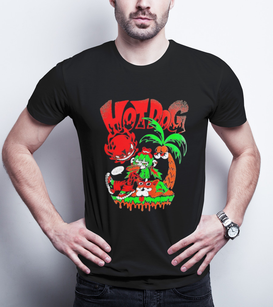 Hotdog Atsusugi Girl With Bear Hat And Dog Under Palm Tree T-Shirt