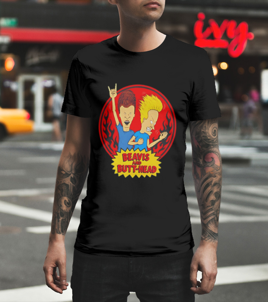 Beavis And Butt Head Rocking Out Flames Circle T-Shirt