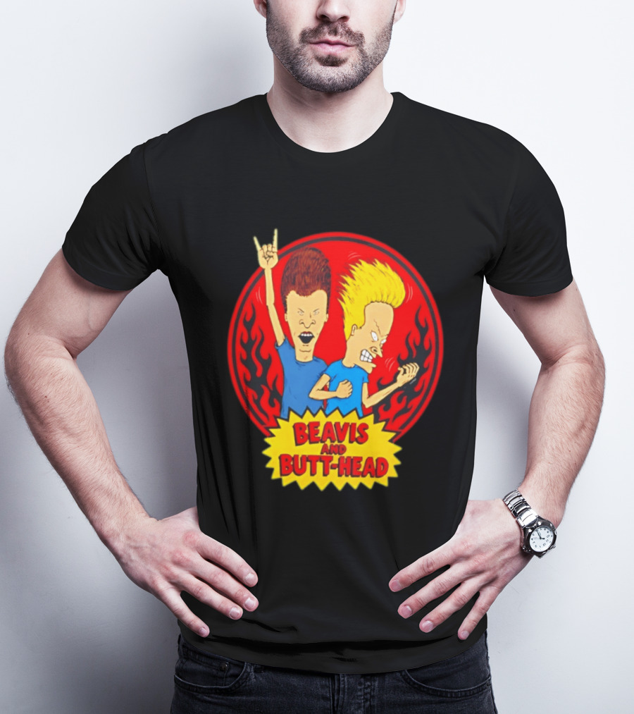 Beavis And Butt Head Rocking Out Flames Circle T-Shirt