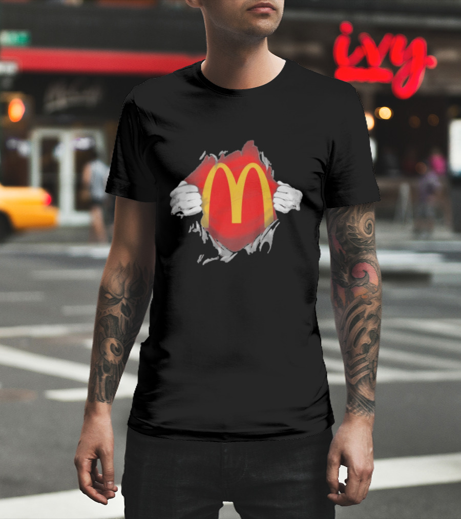 McDonald's Iconic Golden Arches Superhero Ripped Chest Employee T-Shirt