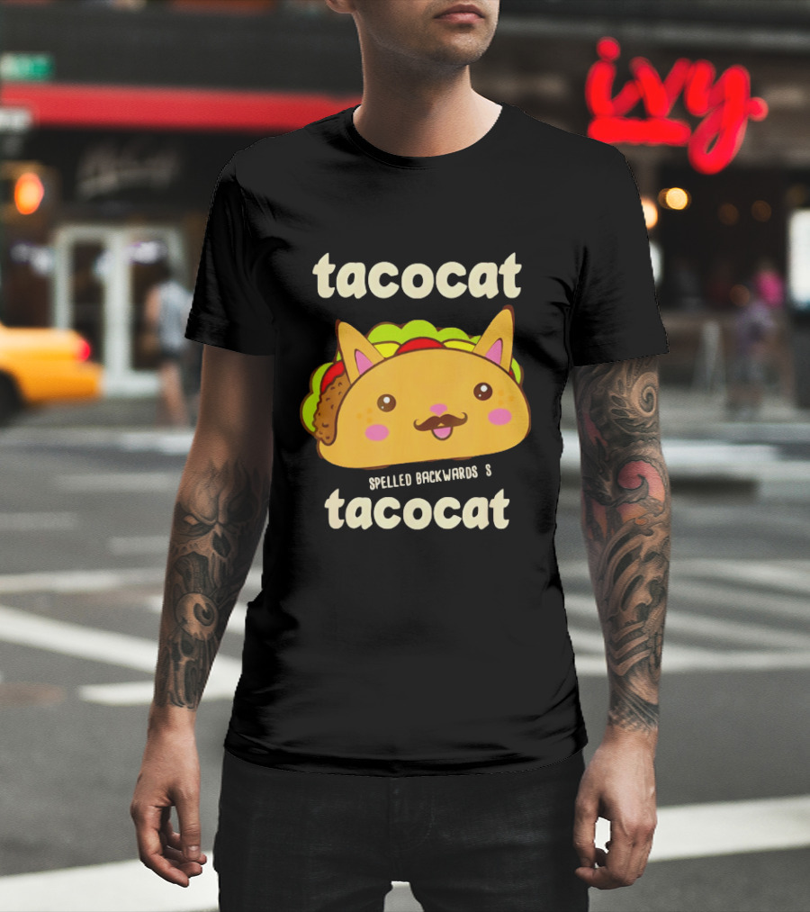 Tacocat Spelled Backwards Funny Meme Cartoon Palindrome Cat T-Shirt