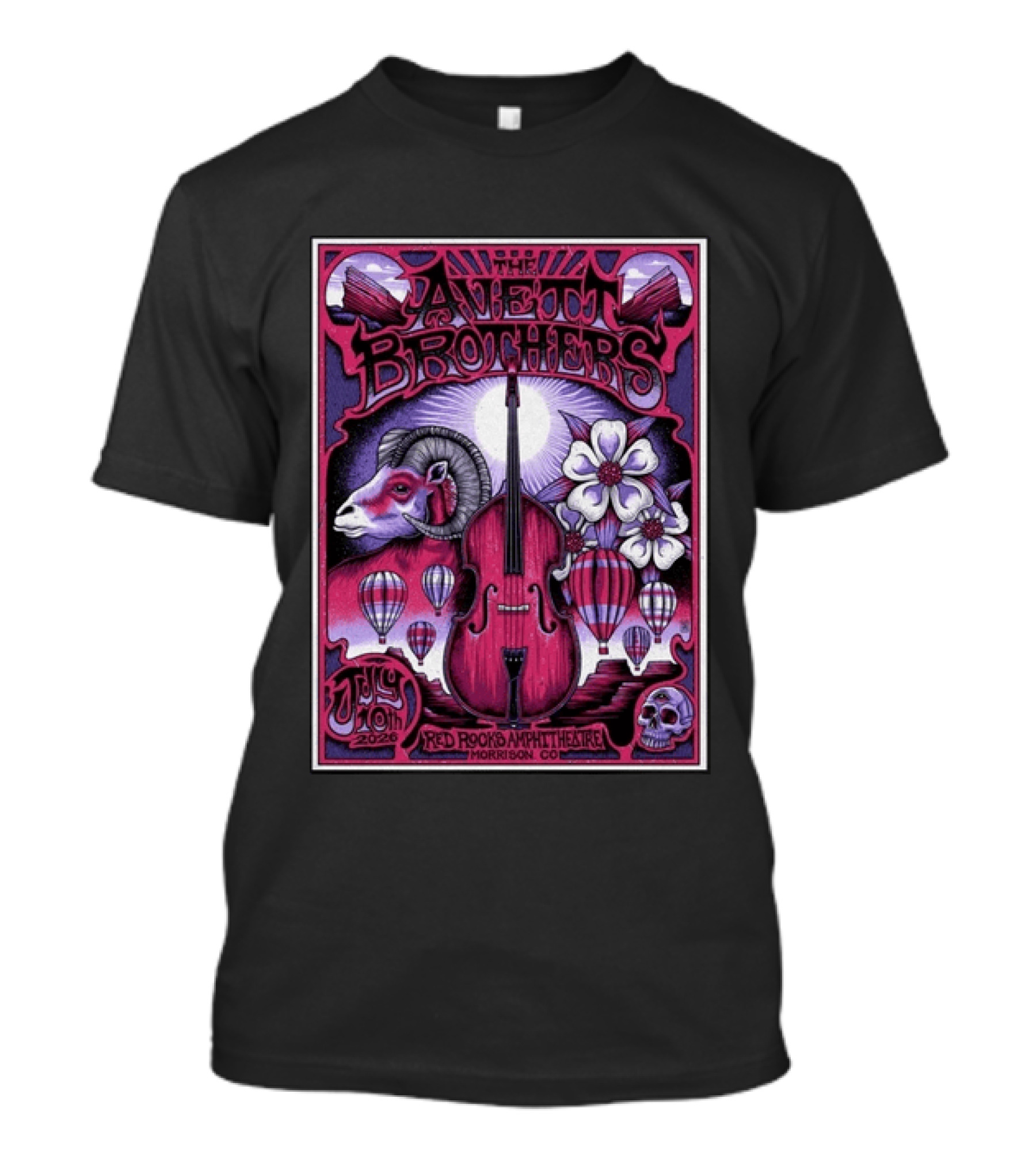 The Avett Brothers Red Rocks Amphitheatre Jul 10 2026 Morrison CO Hot Air Balloons Ram Violin Skull Art Flowers T-Shirt