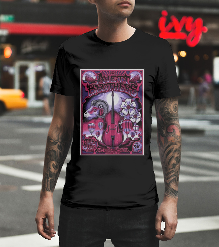 The Avett Brothers Red Rocks Amphitheatre Jul 10 2026 Morrison CO Hot Air Balloons Ram Violin Skull Art Flowers T-Shirt