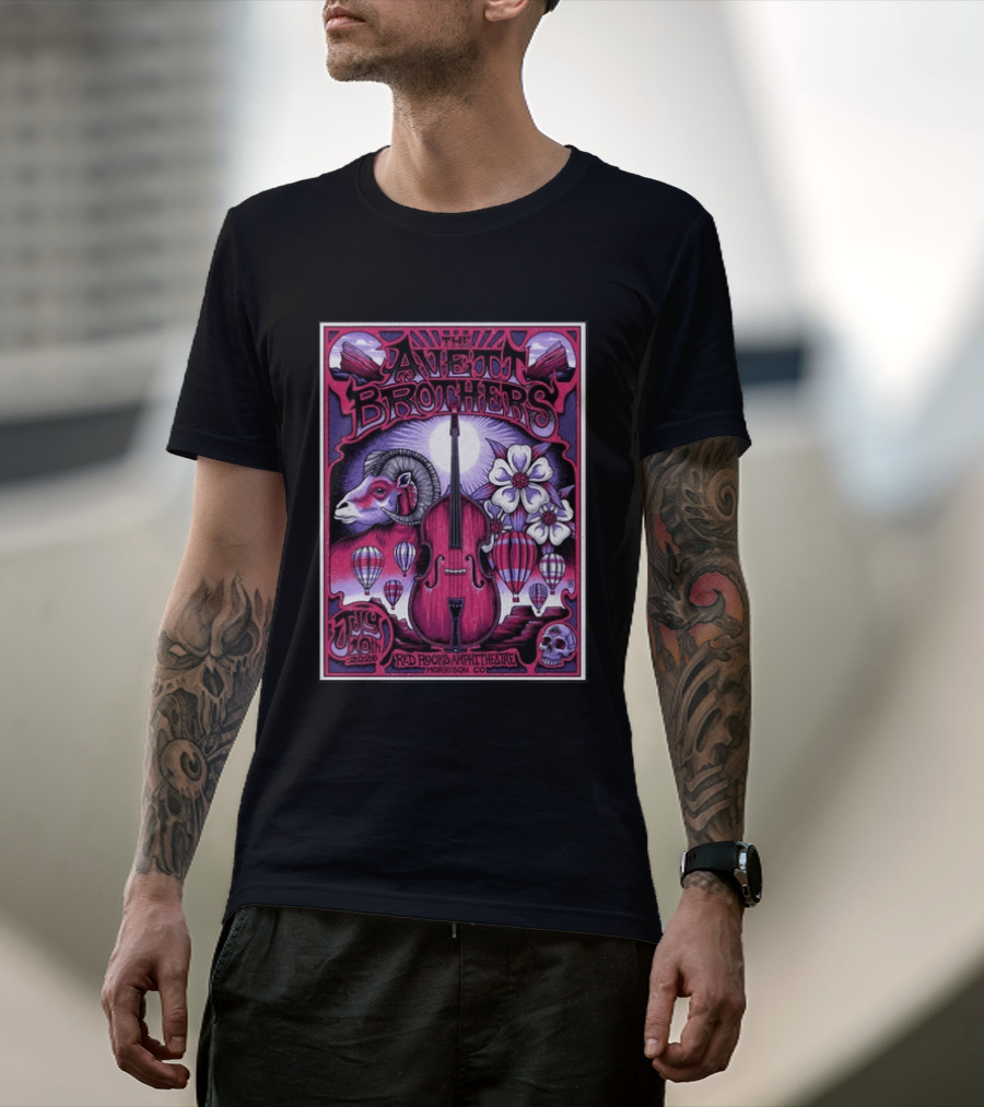 The Avett Brothers Red Rocks Amphitheatre Jul 10 2026 Morrison CO Hot Air Balloons Ram Violin Skull Art Flowers T-Shirt