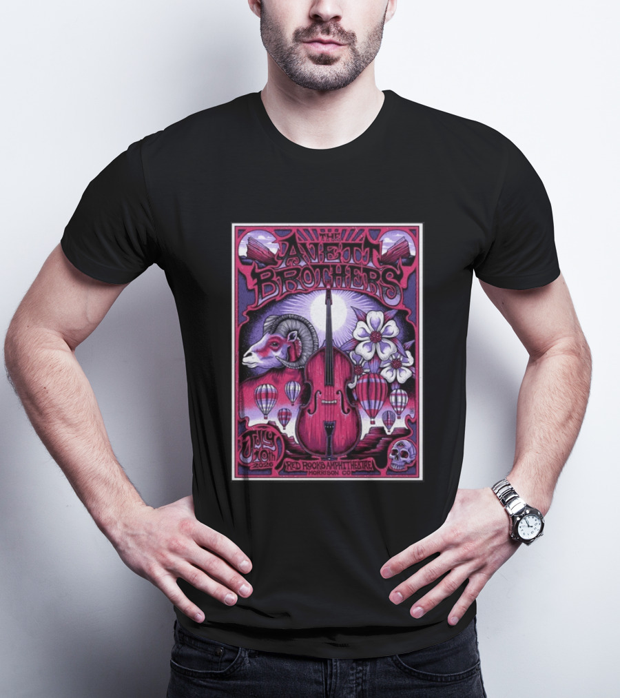 The Avett Brothers Red Rocks Amphitheatre Jul 10 2026 Morrison CO Hot Air Balloons Ram Violin Skull Art Flowers T-Shirt