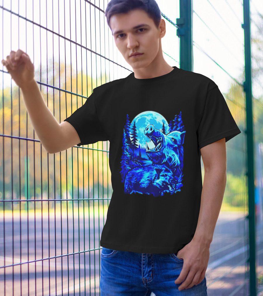 Wild Boar Forest Moonlight Wildlife Night Nature T-Shirt