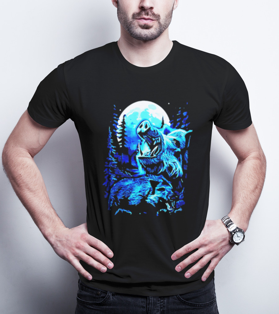 Wild Boar Howling At The Moon Under Mystical Forest Night Sky T-Shirt