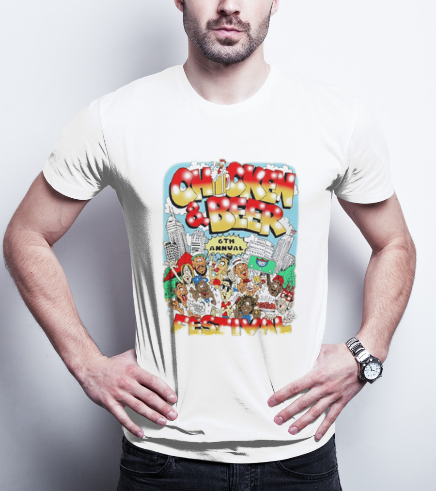 6th Annual Chicken & Beer Festival Indianapolis Cartoon Cityscape Crowd Fun T-Shirt