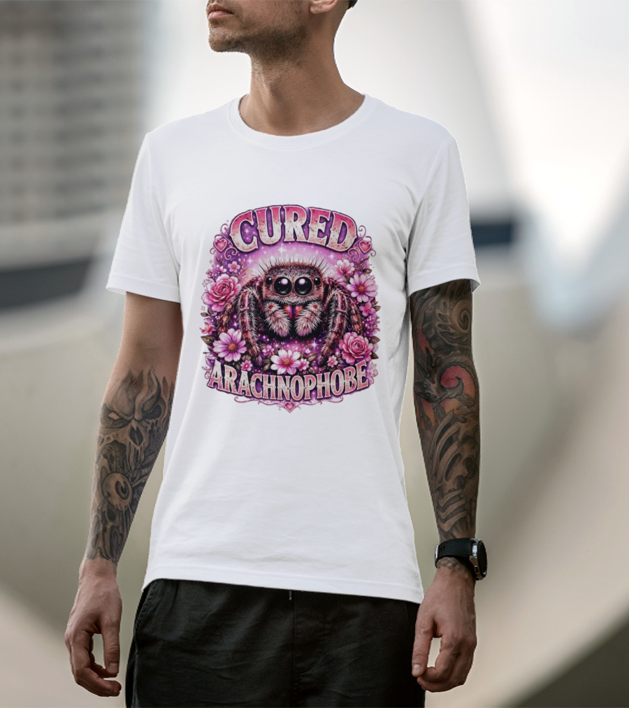 Cured Arachnophobe Jumping Spider Floral Hearts And Flowers T-Shirt