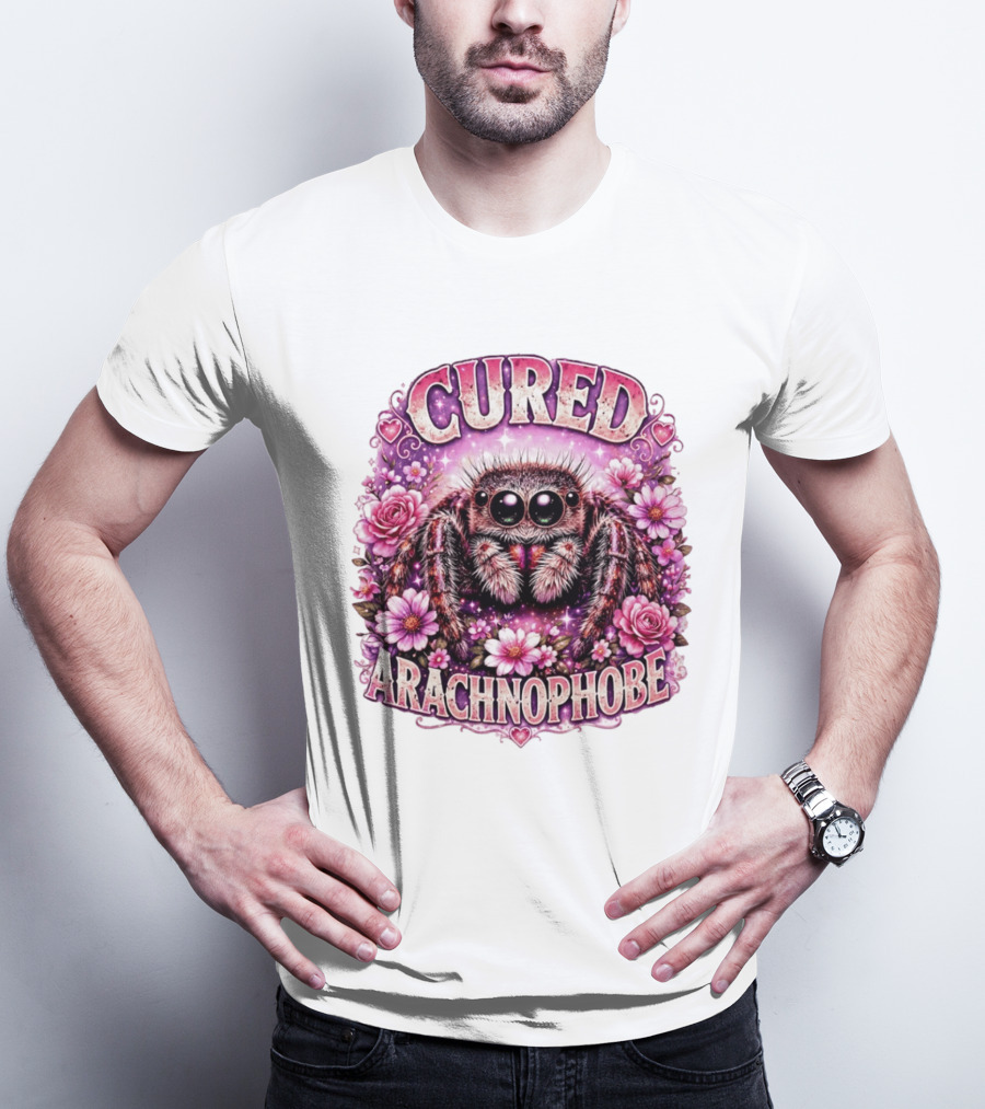 Cured Arachnophobe Jumping Spider Floral Hearts And Flowers T-Shirt