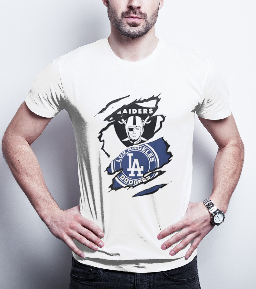 Raiders Los Angeles Dodgers Ripped Effect NFL MLB Crossover Fan Gear T-Shirt