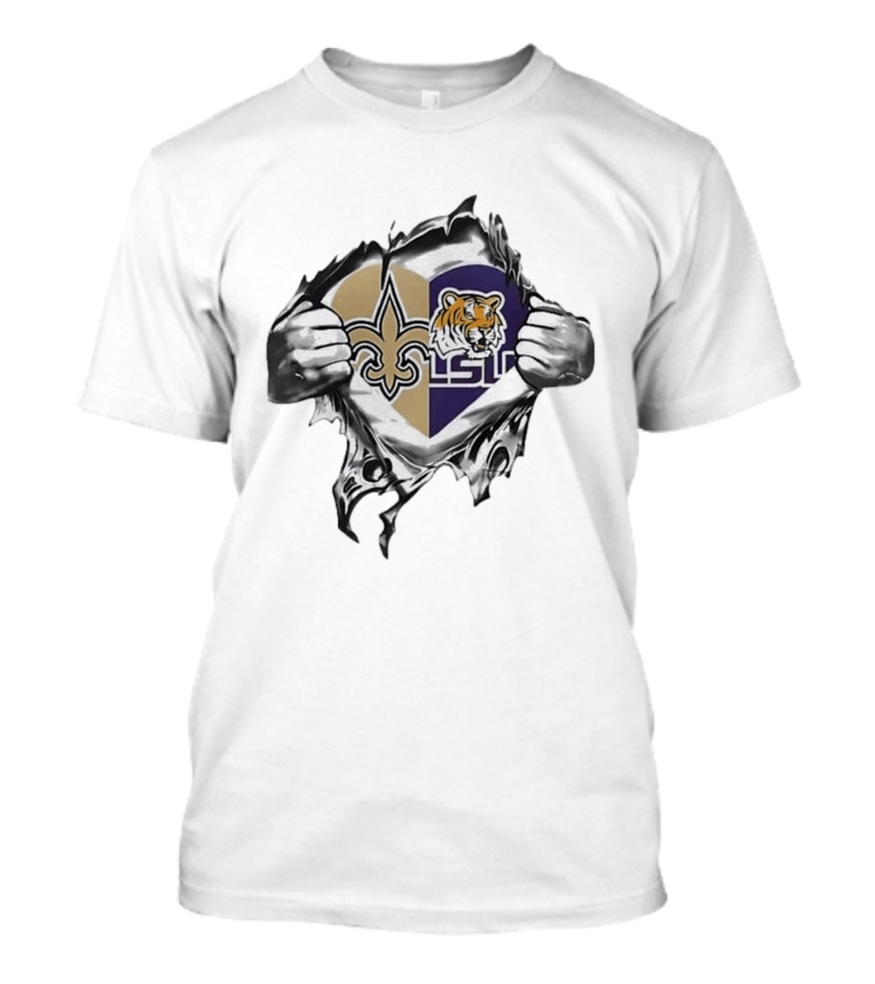 New Orleans Saints LSU Tigers Heart Hands Tearing Fleur De Lis Tiger Head T-Shirt