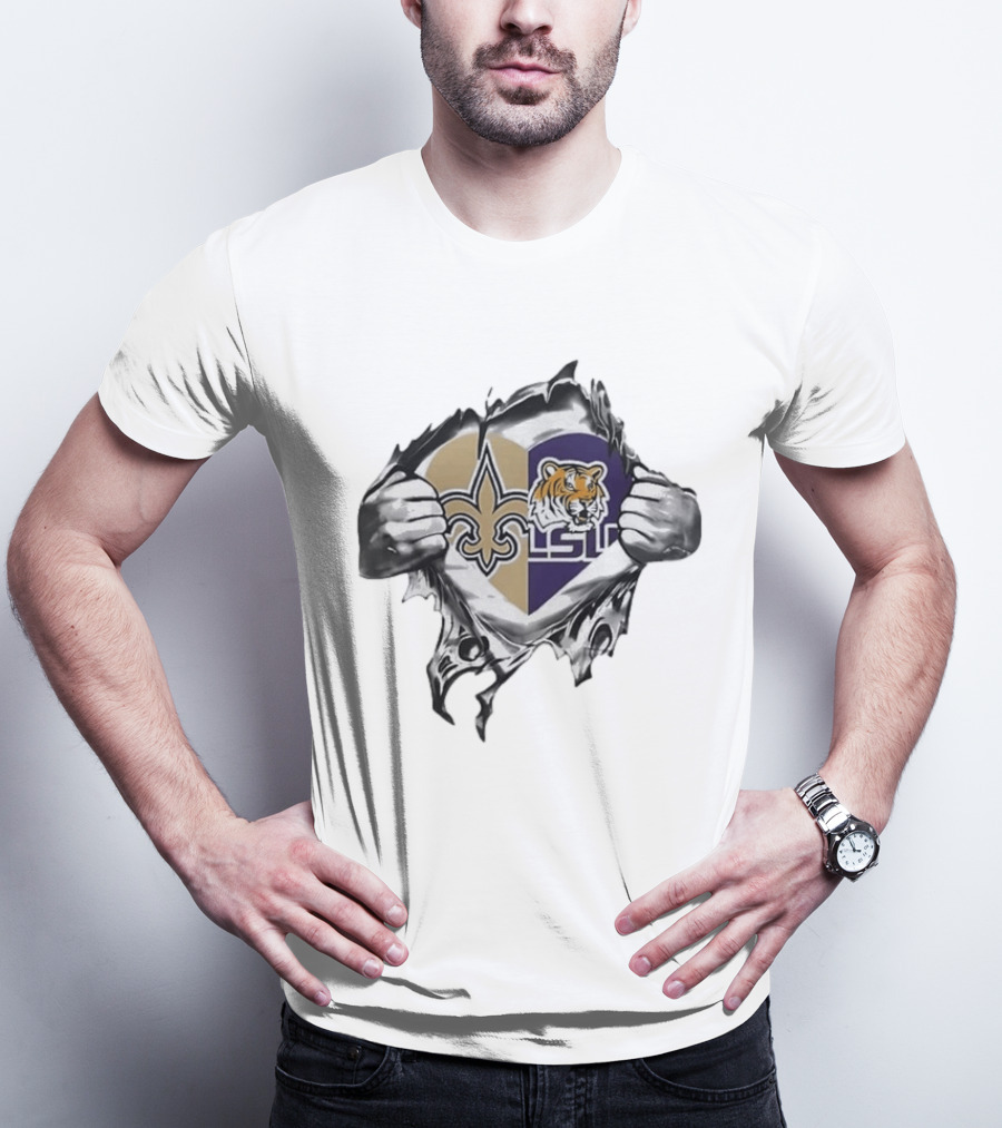 New Orleans Saints LSU Tigers Heart Hands Tearing Fleur De Lis Tiger Head T-Shirt
