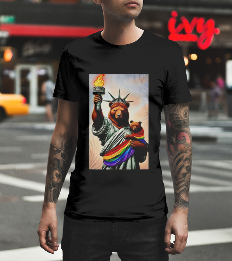 Bear Statues Liberty Rainbow Pride Torch T-Shirt