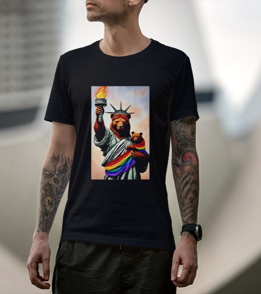 Bear Statues Liberty Rainbow Pride Torch T-Shirt