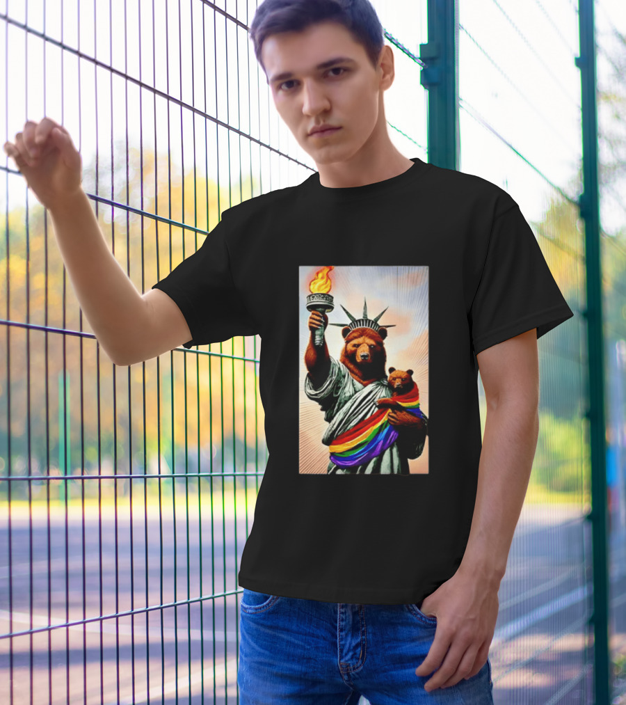 Bear Statues Liberty Rainbow Pride Torch T-Shirt