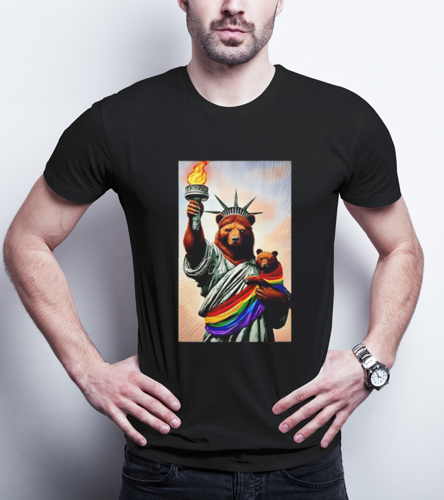 Bear Statues Liberty Rainbow Pride Torch T-Shirt