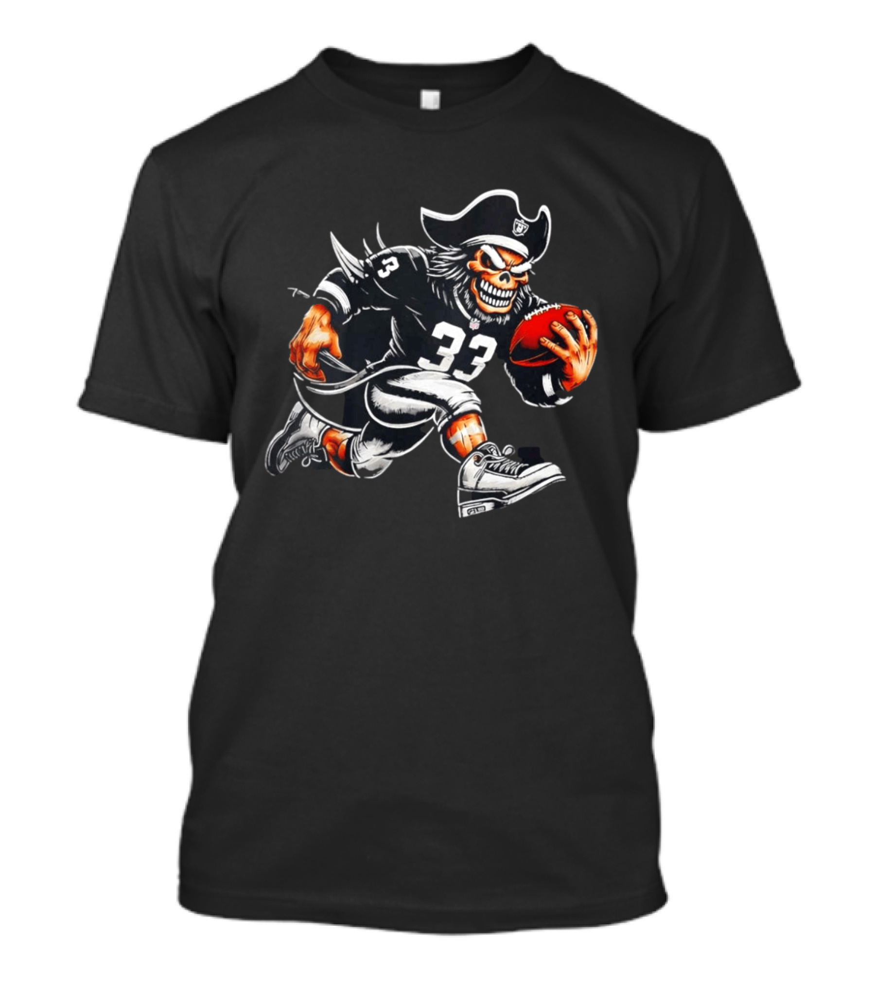 Raiders Skeleton Pirate Running With Football Number 33 T-Shirt