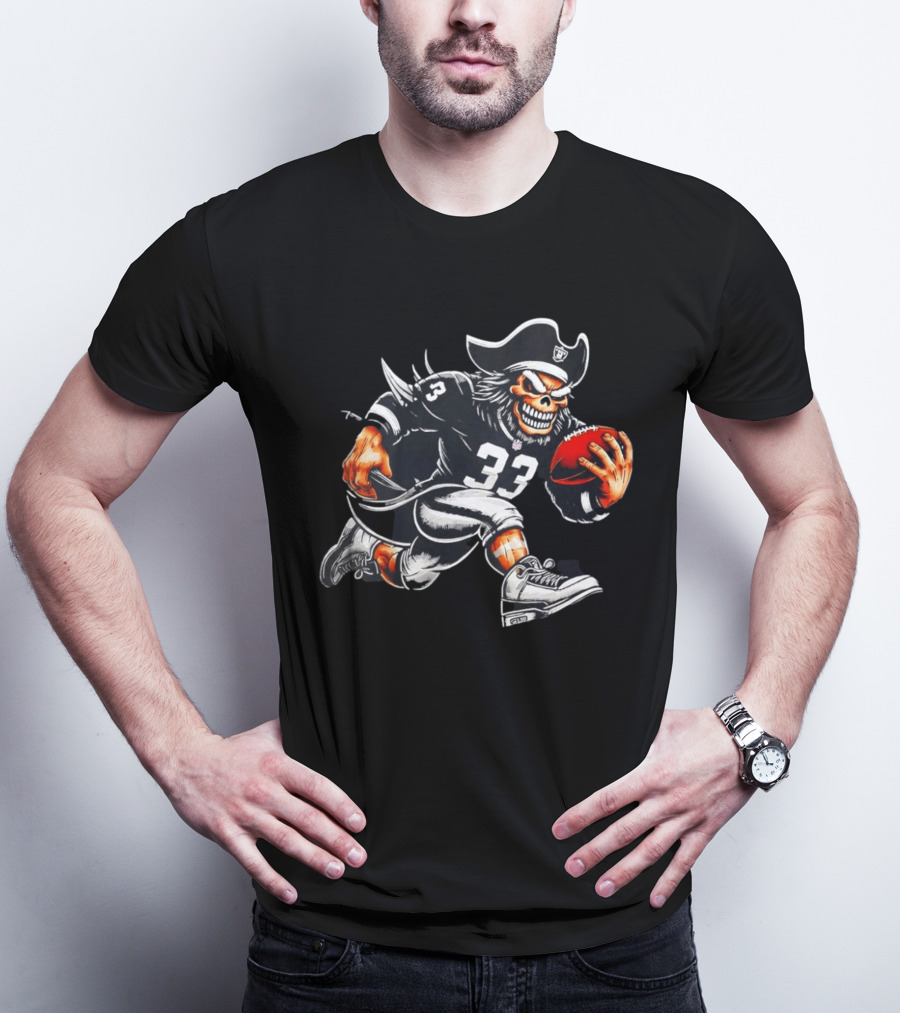 Raiders Skeleton Pirate Running With Football Number 33 T-Shirt