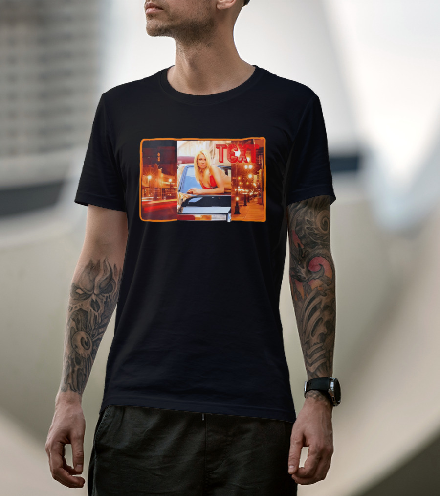Blonde Woman In Red Bikini Leaning On Car At Night With Neon City Lights T-Shirt