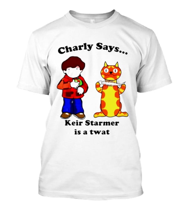 Charly Says Keir Starmer Is A Twat Comic Retro Style Cat And Kid T-Shirt