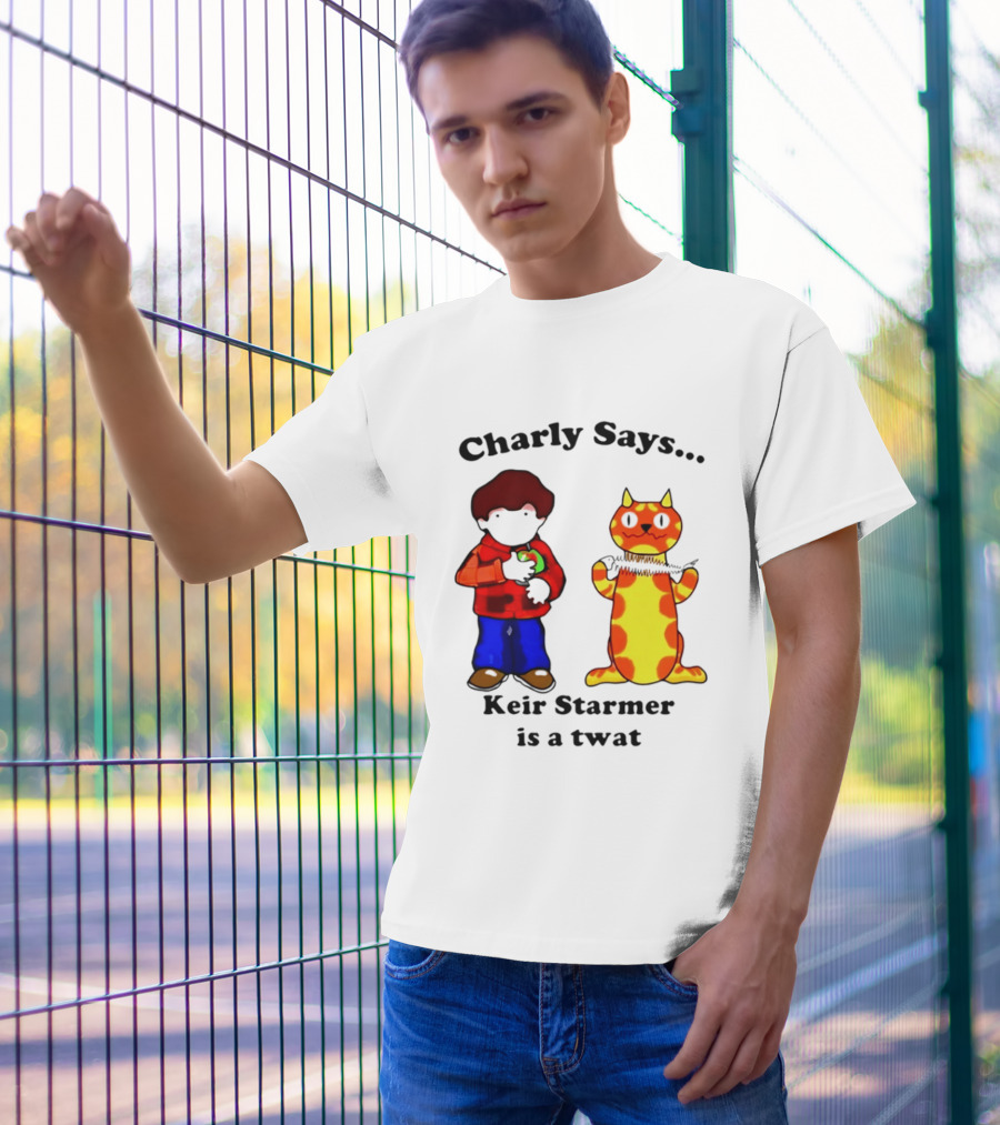 Charly Says Keir Starmer Is A Twat Comic Retro Style Cat And Kid T-Shirt