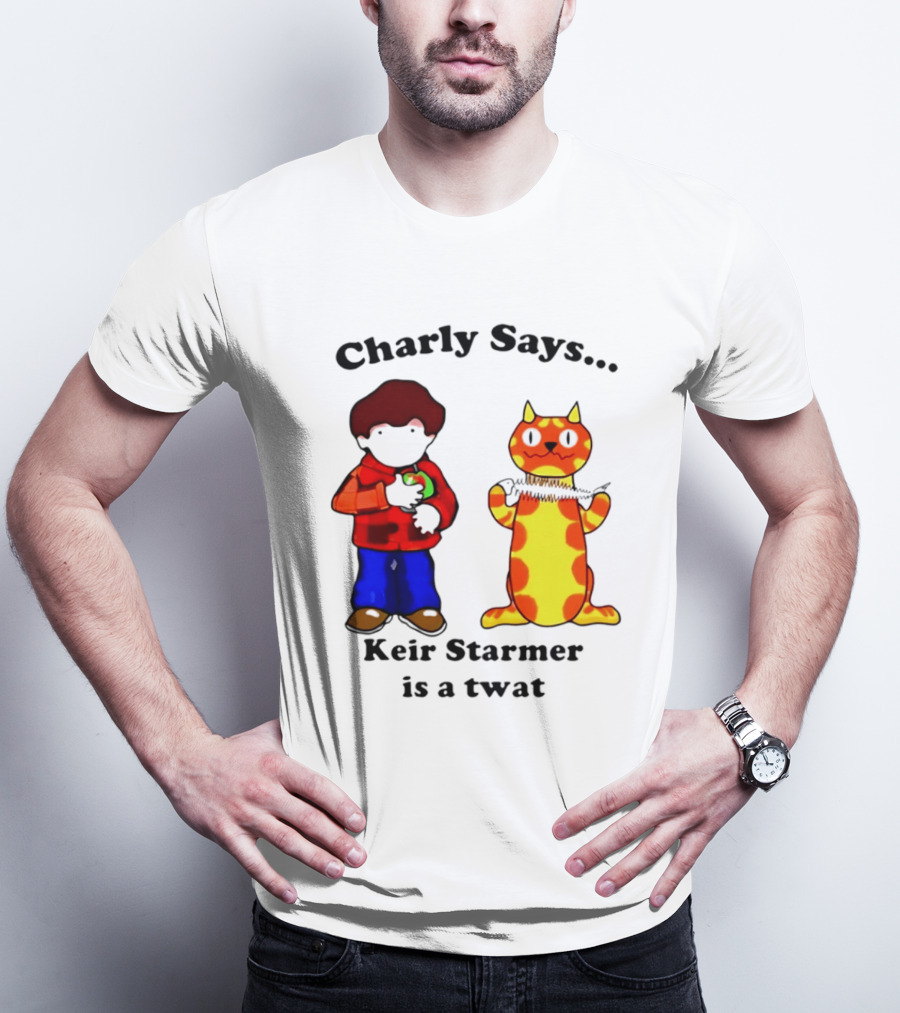Charly Says Keir Starmer Is A Twat Comic Retro Style Cat And Kid T-Shirt