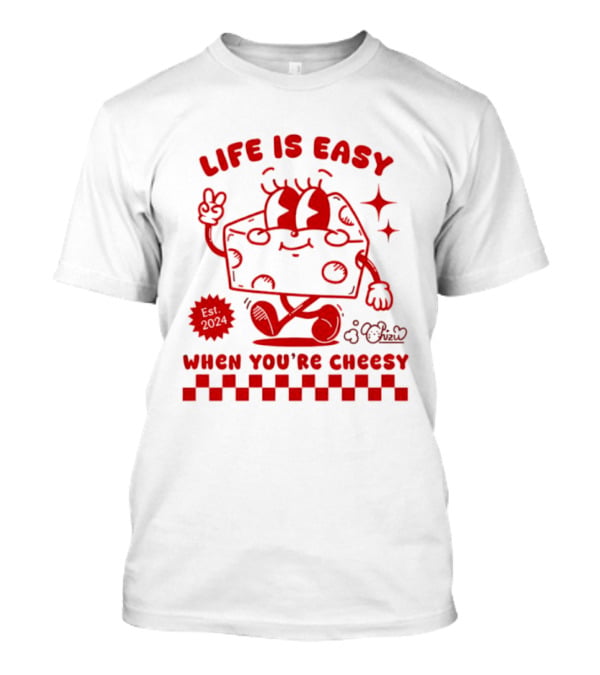 Life Is Easy When You're Cheesy Cartoon Cheese Character With Peace Sign And Stars T-Shirt