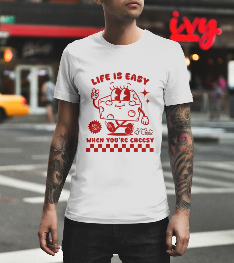 Life Is Easy When You're Cheesy Cartoon Cheese Character With Peace Sign And Stars T-Shirt