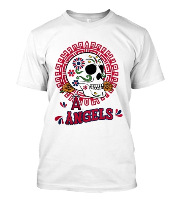 Los Angeles Angels Dia De Los Muertos Sugar Skull Aztec Calendar T-Shirt