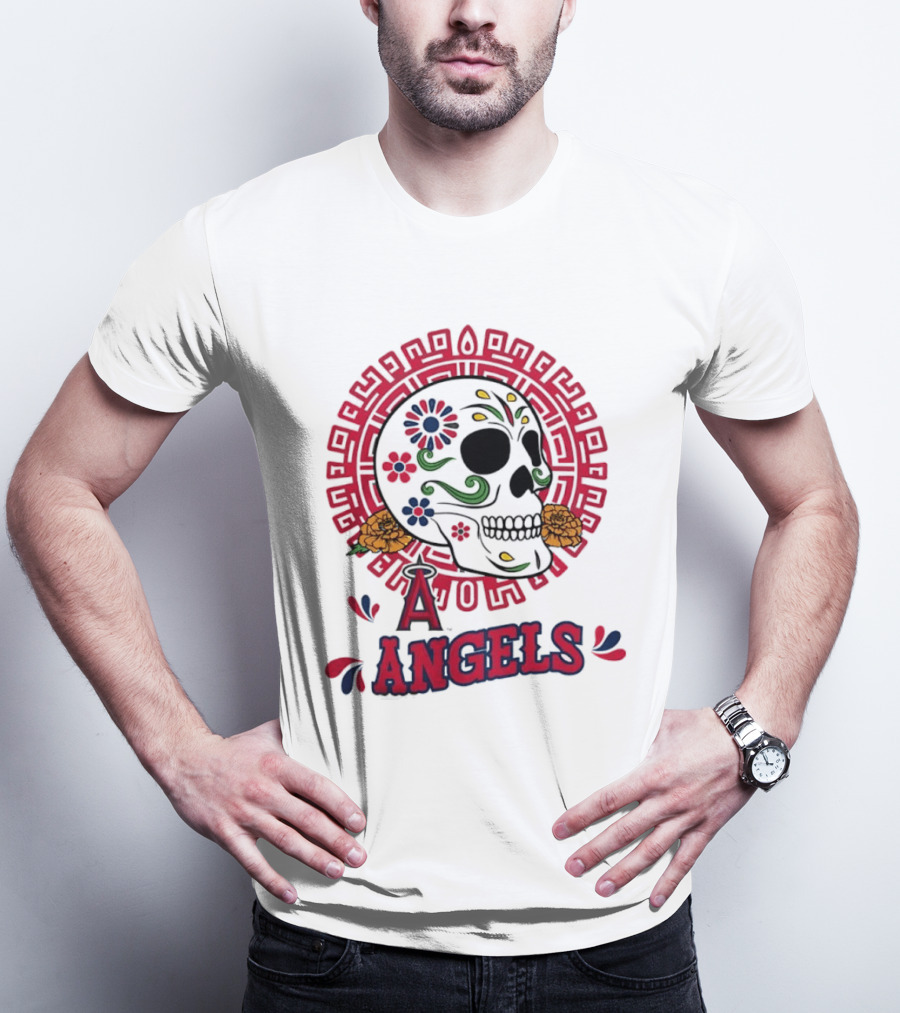 Los Angeles Angels Dia De Los Muertos Sugar Skull Aztec Calendar T-Shirt