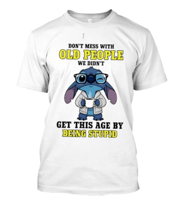 Stitch Don't Mess With Old People Winking Glasses Blue Character Image T-Shirt