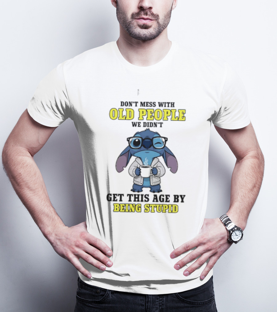 Stitch Don't Mess With Old People Winking Glasses Blue Character Image T-Shirt