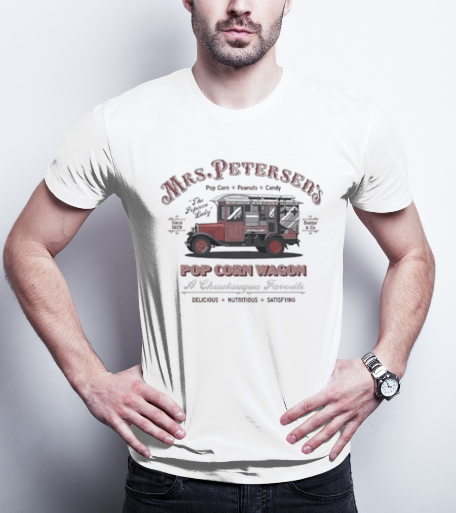 Mrs. Peterson's Popcorn Wagon Chautauqua Favorite Since 1929 Popcorn Truck T-Shirt