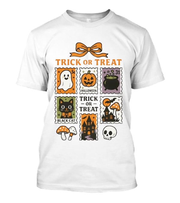 Trick Or Treat Halloween Ghost Pumpkin Cauldron Black Cat Haunted House T-Shirt