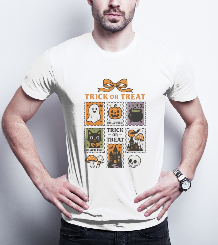 Trick Or Treat Halloween Ghost Pumpkin Cauldron Black Cat Haunted House T-Shirt