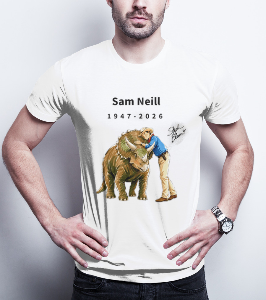 Sam Neill 1947 2026 Jurassic Park Iconic Triceratops Scene T-Shirt